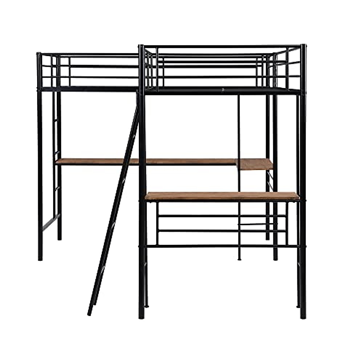 L Shaped Metal Loft Bed with Desk, Modern Style Heavy-Duty Steel Frame Twin Loft Bed with Safety Rail, Built-in Ladder for Bedroom, Dorm, Boys, Girls, Adults (Twin Size, Black)