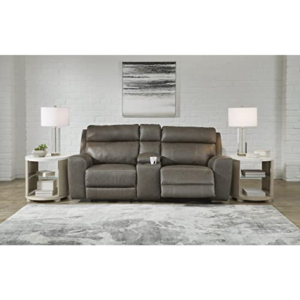 Signature Design by Ashley Roman Contemporary Tufted Leather Power Reclining Loveseat with Console and Adjustable Headrest, Gray