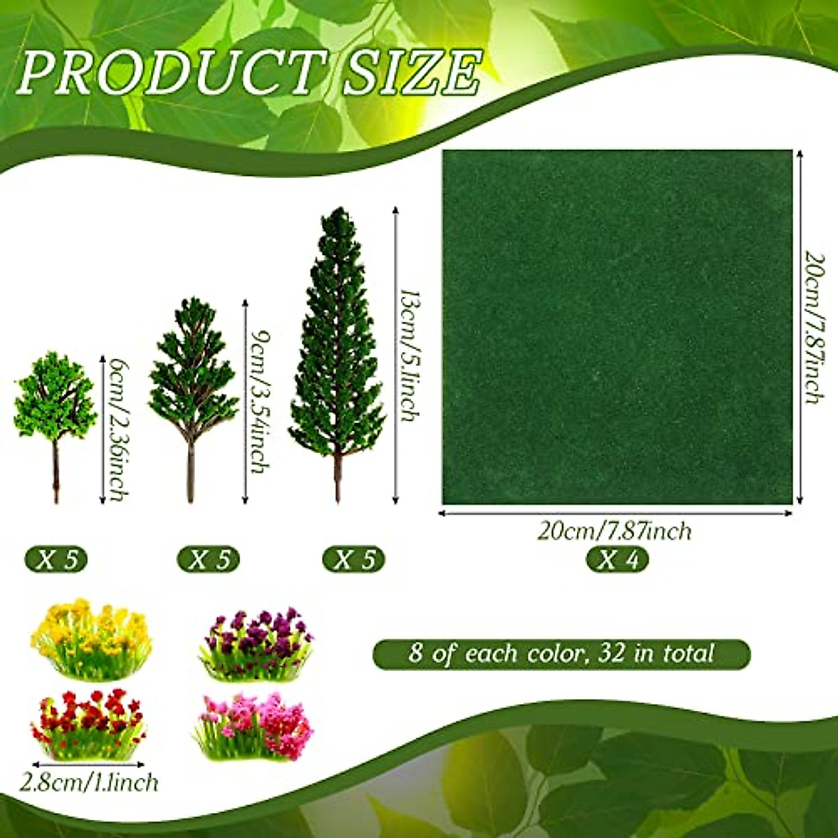 Canlierr 51 Pcs Mini Model Trees Flower Cluster Grass Mat Set, 32 Vegetation Groups 15 Mixed Miniature 4 Artificial Fake Turf, Train Railroad Park Scenery for DIY Crafts, Building Model, Landscape