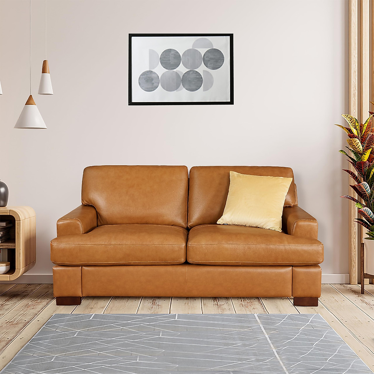 Naomi Home Siggy Genuine Leather Loveseat - Luxurious Comfort, Goose Feather Cushion Filling, Square Arm Design, Sturdy Block Legs, Elegant Tan - Ideal for Living Room, Office, or Bedroom