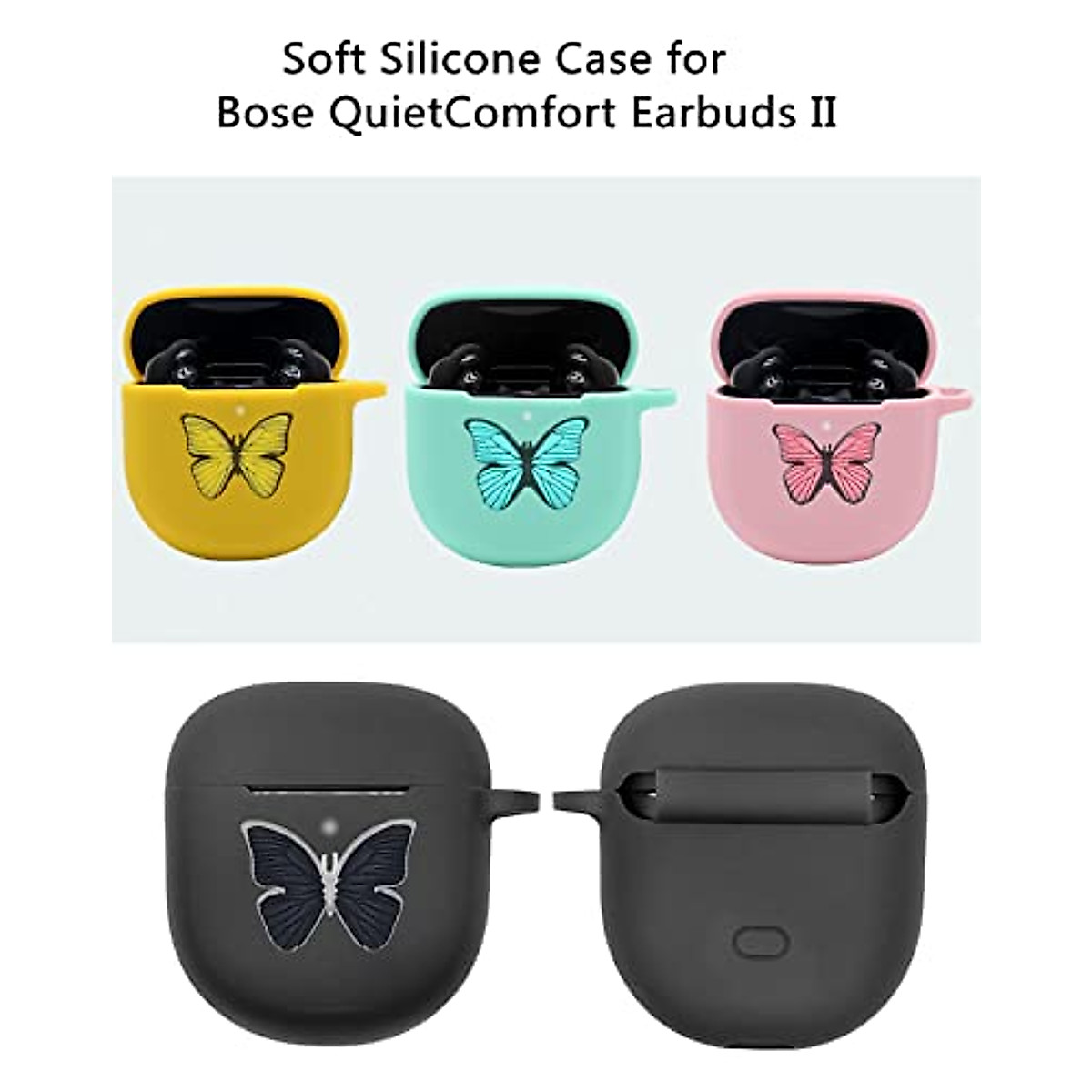 Case for Bose QuietComfort Earbuds II 2022, Cute Cartoon Butterfly Charm Soft Silicone Skin Women Girls Men Protective with Fun Cool Keychain for Bose Earbuds ii Case (Black)