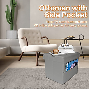 FujDun® Folding Storage Ottoman Foot Rest Footstool with Side Pocket,17 Inch Leather Ottoman Seat for Living Room Bedroom or Dorm,Padded with Thick Sponge,17X13X13in Grey
