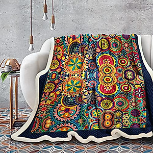 ARIGHTEX Colorful Mandala Blanket Funky Retro Pattern Throw Blanket Mandalas Squares Rectangles Fleece Blanket Soft Plush and Fuzzy Abstract Bohemian Blanket for Couch Sofa Bed(King Size 108"x90")