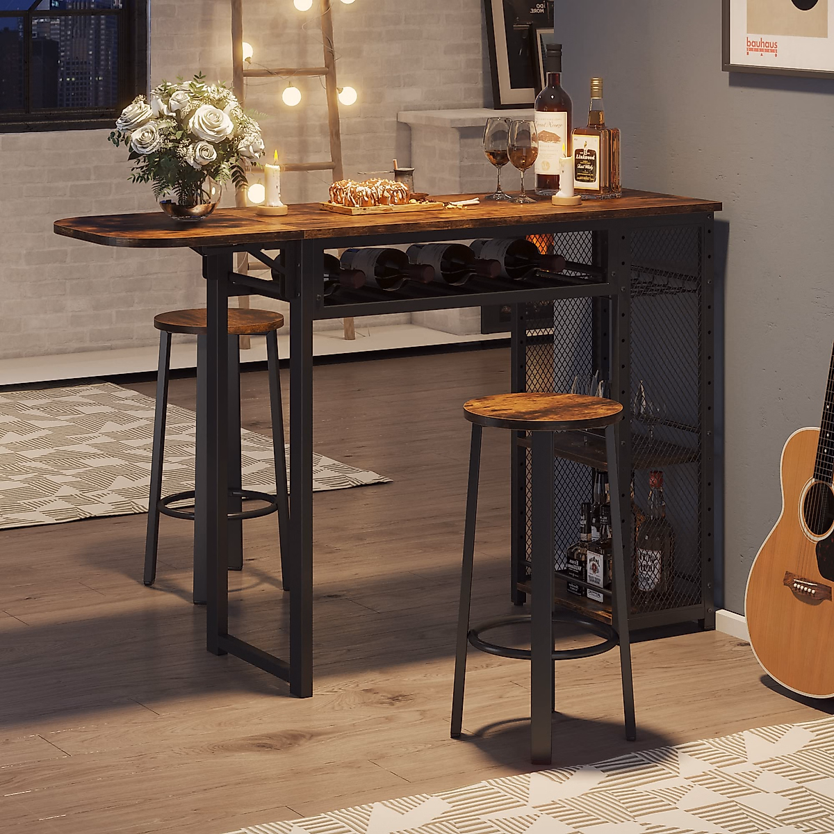 Bestier Bar Table and Chair Set, Expandable Dining Table with 2 Bar Stools, Industrial Kitchen Counter with Wine Rack & 3 Tier Adjustable Storage Shelves Rustic Brown