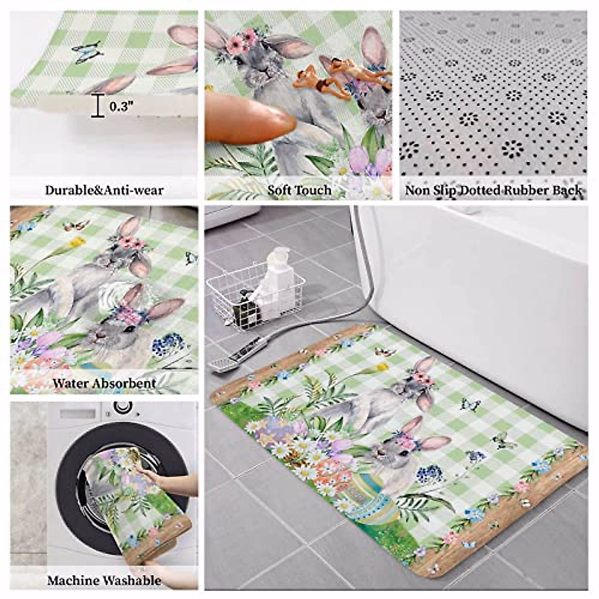 Greday Plaid Green 2 PCS Cushioned Anti-Fatigue Kitchen Mats and Rugs,Spring Holiday Colored Eggs Easter Egg Bunny Daisy Floral Absorbent 18inchx 30inch+ 18inchx 48inch
