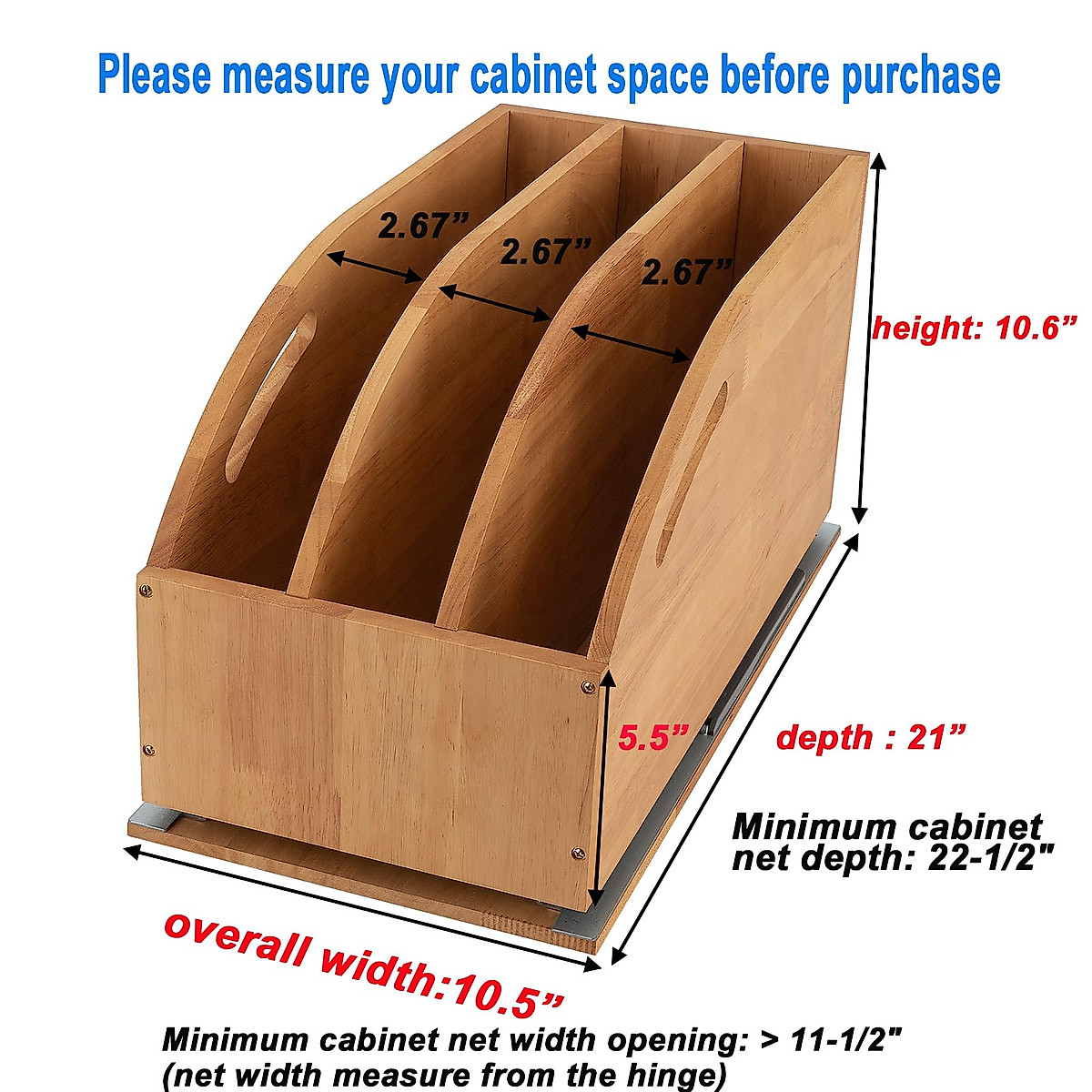 DINDON Pull Out Cabinet Organizer for Pans, Pot lid, Cookie Sheet, Cutting Board, Baking Tray, Slide Out Kitchen Cabinet Storage Organizer, 10.5''W X 21"D X 10.6"H, Wood