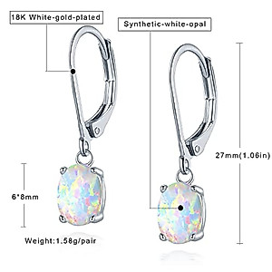 Leveback Dangle Earrings Created White Oval Opal 6x8mm for Women Teen Girls Nickel Free 18k White Gold Plated OPALTOP