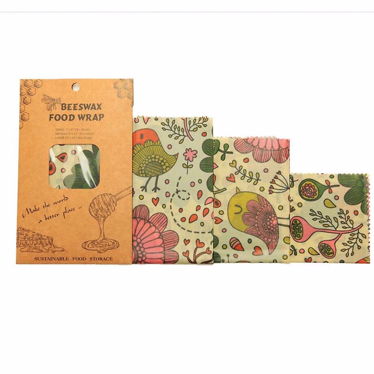 VOVOLO (Bird Print 3 Size S/M/LReusable Beeswax Food Wraps Eco Friendly Wrappers Sustainable Plastic Free Food Storage Washable Bowl Covers Sandwich Wrappers