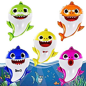 13 PCS, Shark Balloons - Shark Family Balloons - Shark Duplex Prints Foil Balloons - Shark Banner & Shark Tablecloth - Shark Birthday Decorations