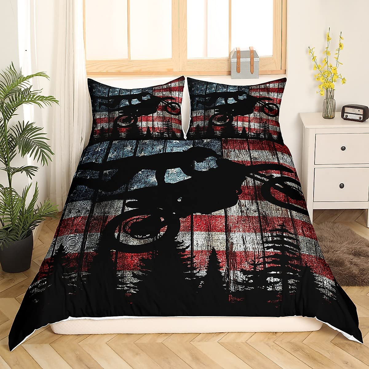 Homewish American Flag Duvet Cover Set Queen Size Boys Dirt Bike Racing Motocross Rider Rustic Farmhouse Wooden Comforter Retro Black Pine Tree Silhouette Quilt 3pcs, 90''x90'', (ZZRS261ZMD-TJ_USq)