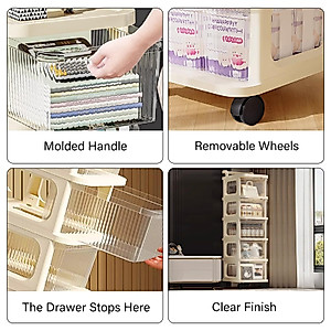 VODUR Plastic Storage Drawer Cart, Medium Home Organization Storage Container with 5 Large Drawers with Removeable Wheels, White Frame with Clear Drawers and Black Casters, Set of 1