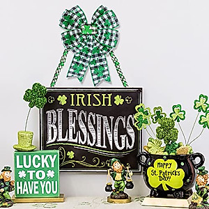 Happy St. Patrick's Day Glitter Lucky Shamrock Checkered Plaid Wired Edge Ribbon Green Clover Fabric Ribbon Ornaments for St. Patrick Decorations Gift Wrapping Party Decorative 2.5"x10 Yard