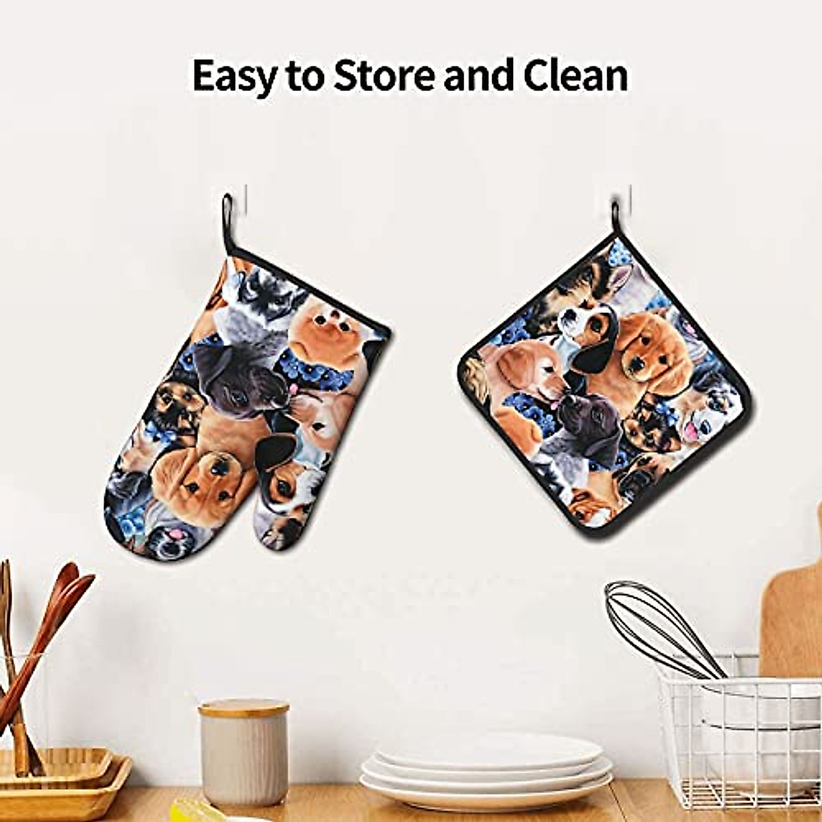 Puppy Collage Oven Mitts and Pot Holders Sets Heat Waterproof Oven Gloves for Kitchen Baking Camping Grilling