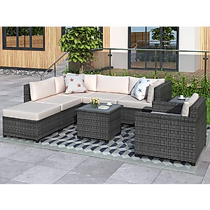 Merax, Beige 8 PCS Patio Conversation Sets PE Rattan Wicker Outdoor Sectional Group with Table and Cushions