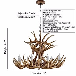 Hubrin Rustic Antler Chandelier 9-Light, Farmhouse Deer Antler Chandelier Lighting, Retro Antler Light Fixtures, Brown E12 for Home Store (9 lamp arms + 6arms)