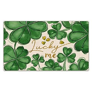 Tailus St Patricks Day Shamrock Clover Decorative Front Door Mat, Lucky Me Doormat Indoor Outdoor Green Luck Non-Slip Floor Entryway Rug, Irish Holiday Home Kitchen Decoration 17x29 Inch