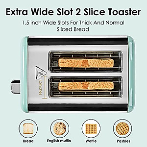 2 Slice Toaster, REDMOND Aqua Green Toaster with LED Touch Screen and Digital Countdown Timer, Stainless Steel Toaster with Extra Wide Slot and Cancel Defrost Reheat Function, 6 Shade Settings