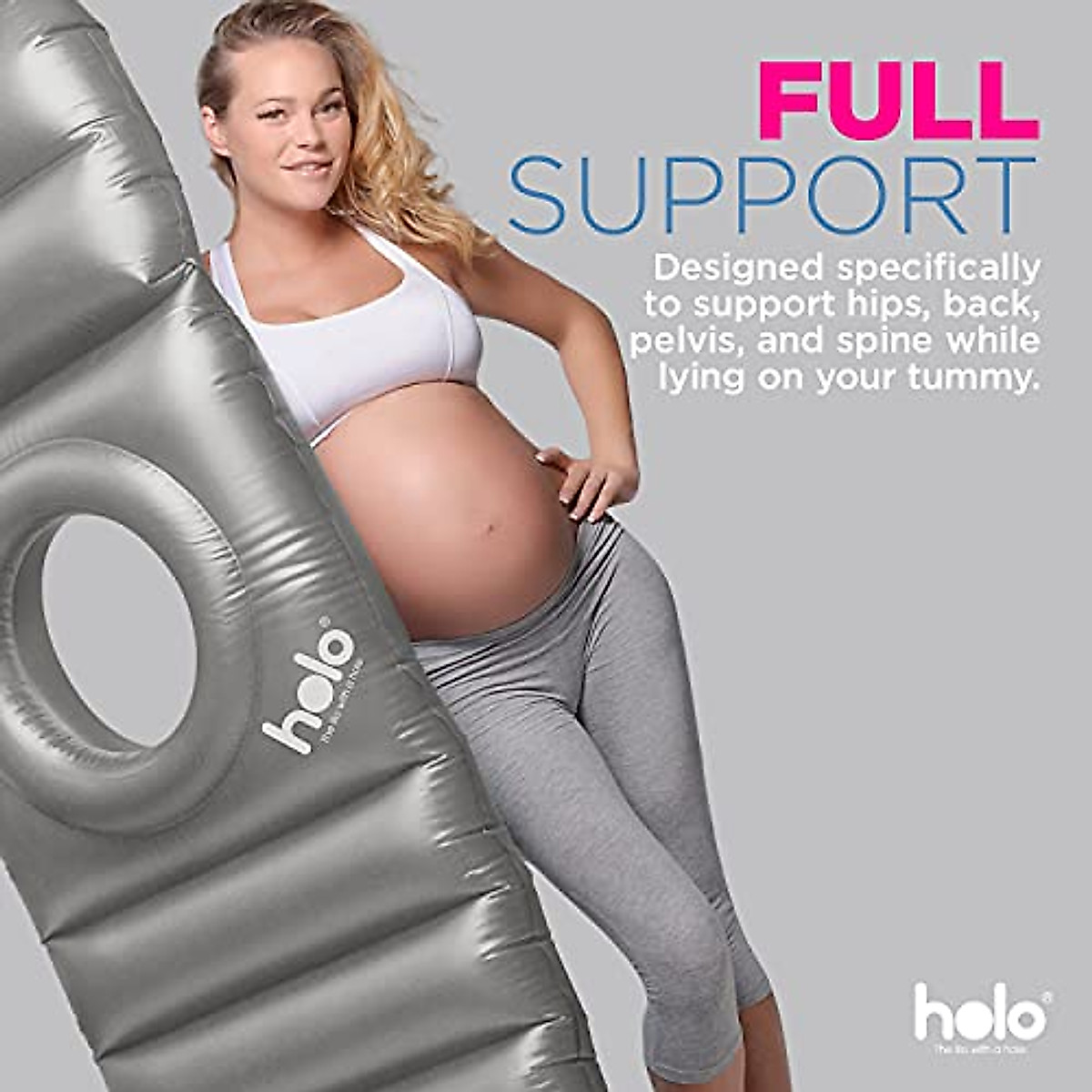HOLO The Original Inflatable Pregnancy Pillow, Pregnancy Bed + Maternity Raft Float with a Hole to Lie on Your Stomach During Pregnancy, Safe for Land + Water, Silver