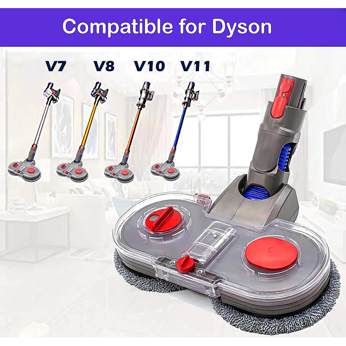 SCREENTRONICS Electric Mop Head with Removable Water Tank Attachment Compatible Replacement for Dyson V7 V8 V10 V11 Vacuum Cleaner (6 Reusable Mop Pads, Cup and Trigger Lock)