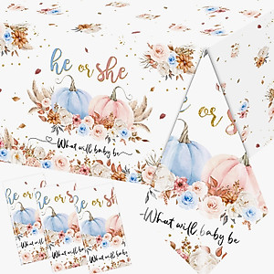 3Pieces Pumpkin Gender Reveal Decorations Tablecloth, Fall Gender Reveal Decorations Pumpkin Tablecloth, He Or She What Will Our Pumpkin Be Tablecloth for Little Pumpkin Gender Reveal Decorations