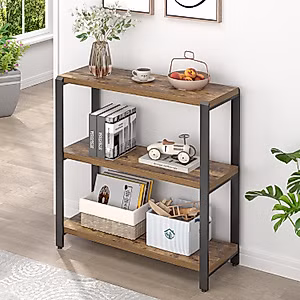 EXCEFUR Small Bookshelf, 3 Tier Short Low Book Shelf, Modern Metal and Wood Standing Etagere Bookcase for Home Office Living Room Bedroom, Rustic Brown
