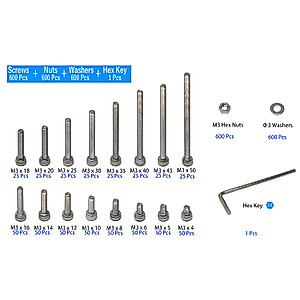 iexcell 1800 Pcs M3 x 4/5/6/8/10/12/14/16/18/20/25/30/35/40/45/50 Stainless Steel 304 Hex Socket Head Cap Screws Blots Nuts Washers Assortment Kit