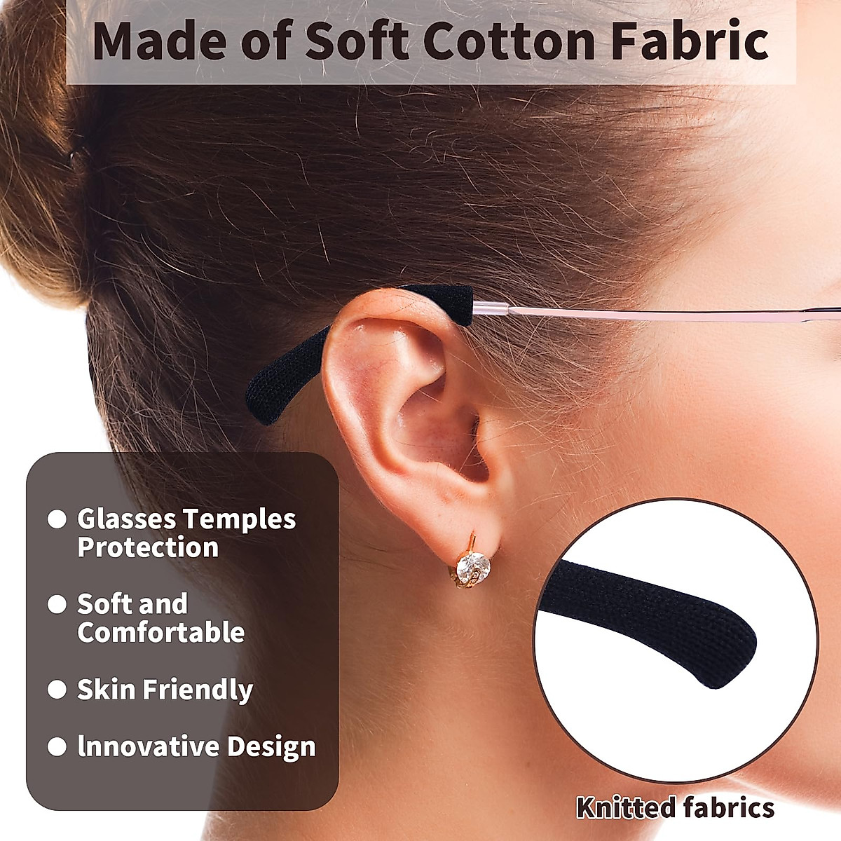 GCXIXPY Anti-Slip Elastic Comfort Glasses Ear Cushion, Black Soft Knitting Cotton Fabric Eyeglass Ear Cushions, Glasses Grips for behind the Ear for Sunglasses Reading Glasses Eyewear (2 Packs)