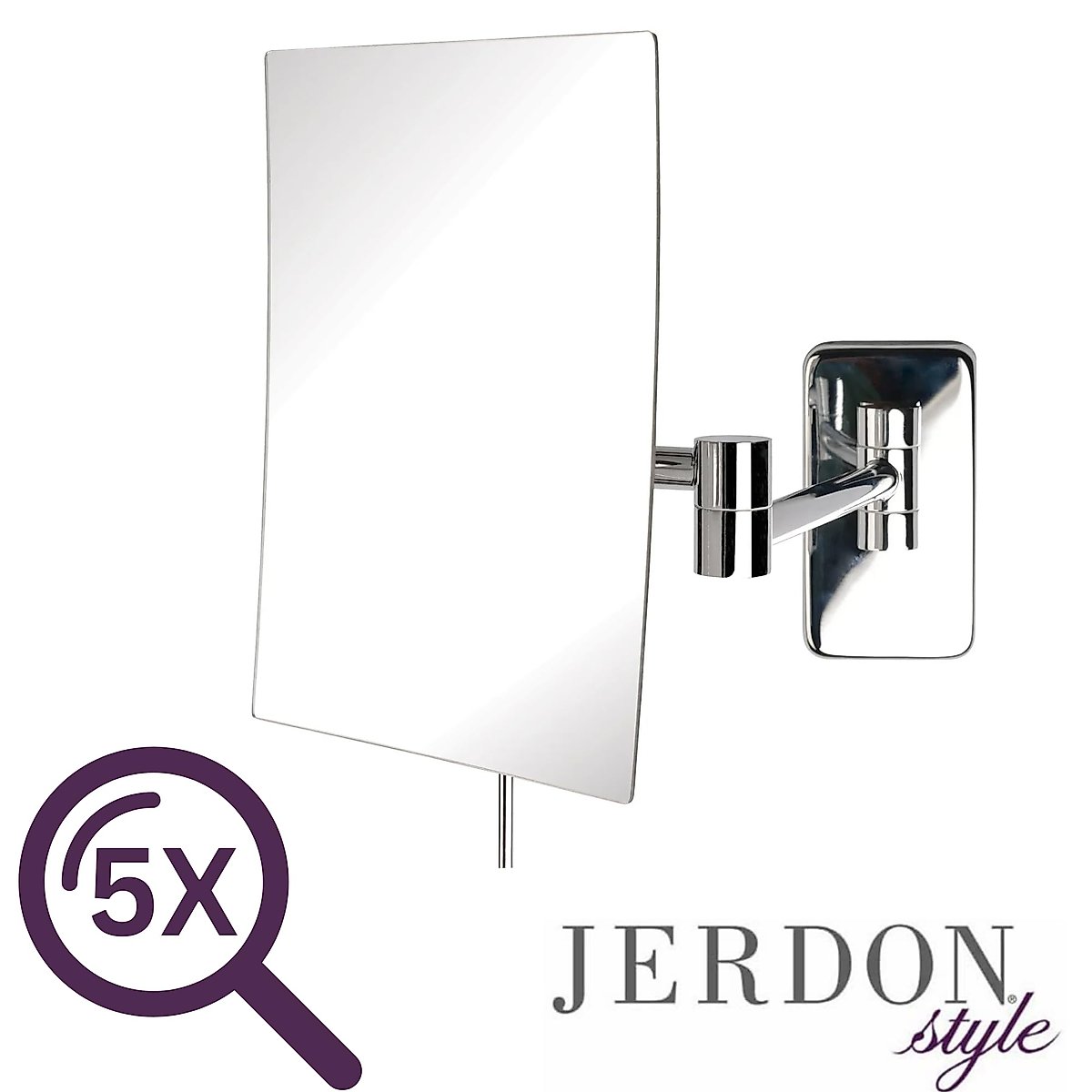 JERDON Wall Mount Makeup Mirror with 5X Magnification - 8.75” x 6.5” Rectangular Mirror Extends 14” – Chrome Finish – Model JRT695C