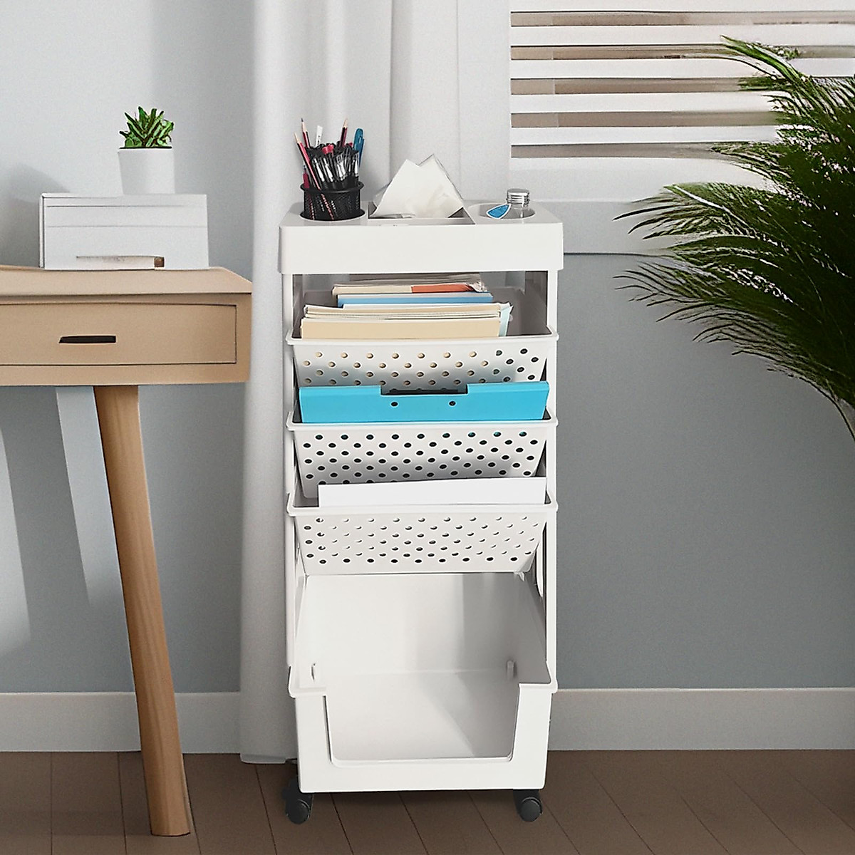 5 Tier Mobile Bookshelf Rolling Book Rack with Wheels, Removable Storage Bookcase Slim Rolling Storage Book Cart for Students Teachers and Adult in School Home Office