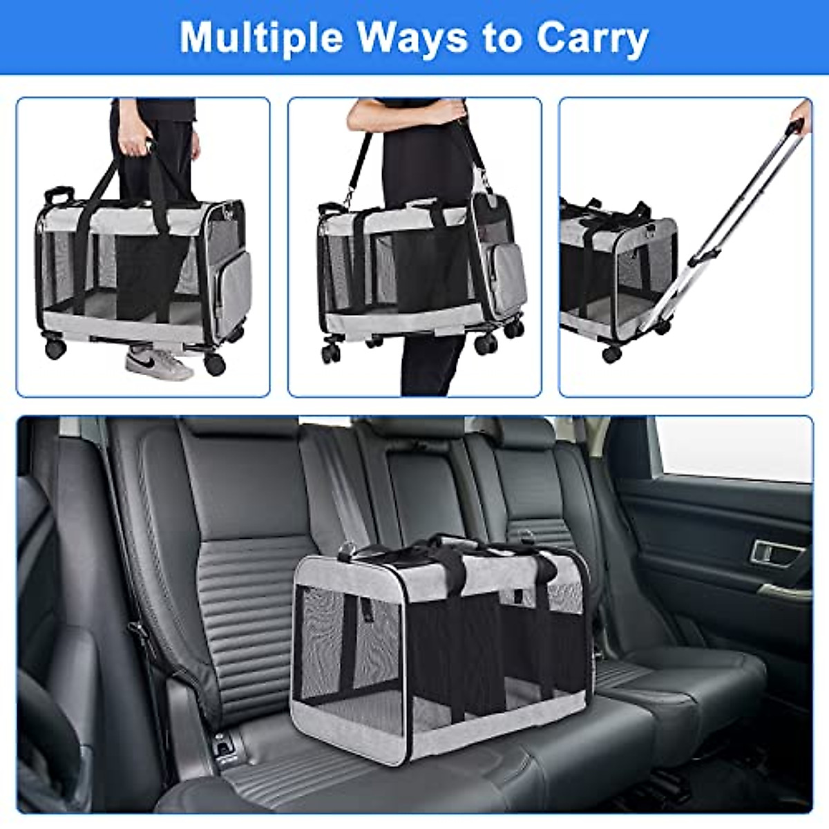 VOISTINO Double Compartment Pet Carrier with Detachable Wheels for Cat/Dog, Rolling Carrier for 2 Small Cats/Dogs, Super Ventilated Design, Ideal for Traveling/Walking/Camping