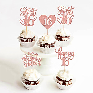 Keaziu 48 Pack Happy Sweet 16 Cupcake Toppers Sweet Sixteen 16 Happy 16 Cupcake Picks for 16th Birthday Wedding Anniversary Party Cake Decorations Supplies Rose Gold