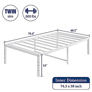 LUSIMO 14 Inch Twin Bed Frame with Storage Heavy Duty Tall Metal Platform Bed Frame with Steel Slats No Box Spring Needed Noise Free Anti Slip White