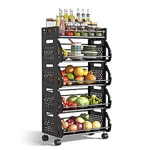 Rolling Storage Cart with Wheels, COORACK Kitchen Storage Carts Utility Cart with Handle, Fruit Vegatable Storage Cart Rack Bin for Kitchen Bathroom (5 Tier)