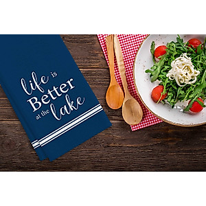 QIYUHOY Life is Better at The Lake Navy Blue Kitchen Towels Tea Towels,16X24 Inches Cotton Modern Dish Towels Dishcloths,Dish Cloth Flour Sack Hand Towel for Lake House Kitchen Decor,Lake Lover Gifts