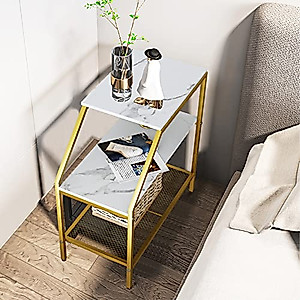 Wolawu End Table 3 Tiers White Marble Wood Nightstand with Storage Ladder Shelf Sofa Side Table for Small Space Modern Trapezoid Furniture Plant Stand in Living Room Bedroom Gold