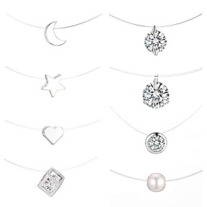 Starain 8 Pcs Fishing Line Necklace for Women Single Moon Star Cubic Zircon Pendant Choker Necklace Set