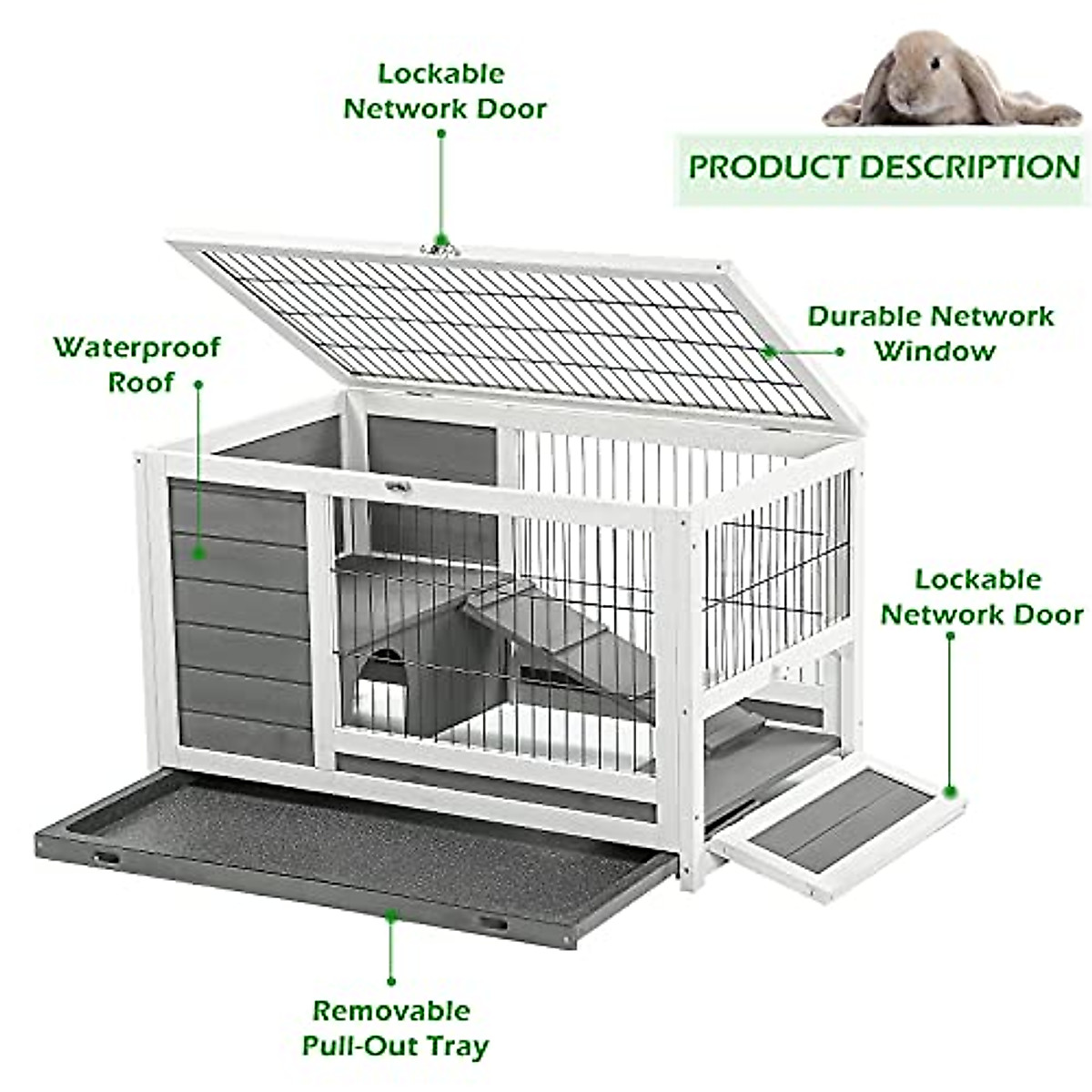 Esright Rabbit Hutch Pet House for Small Animals 35.4" Guinea Pig House Rabbit Cage with Run Bunny House Indoor & Outdoor