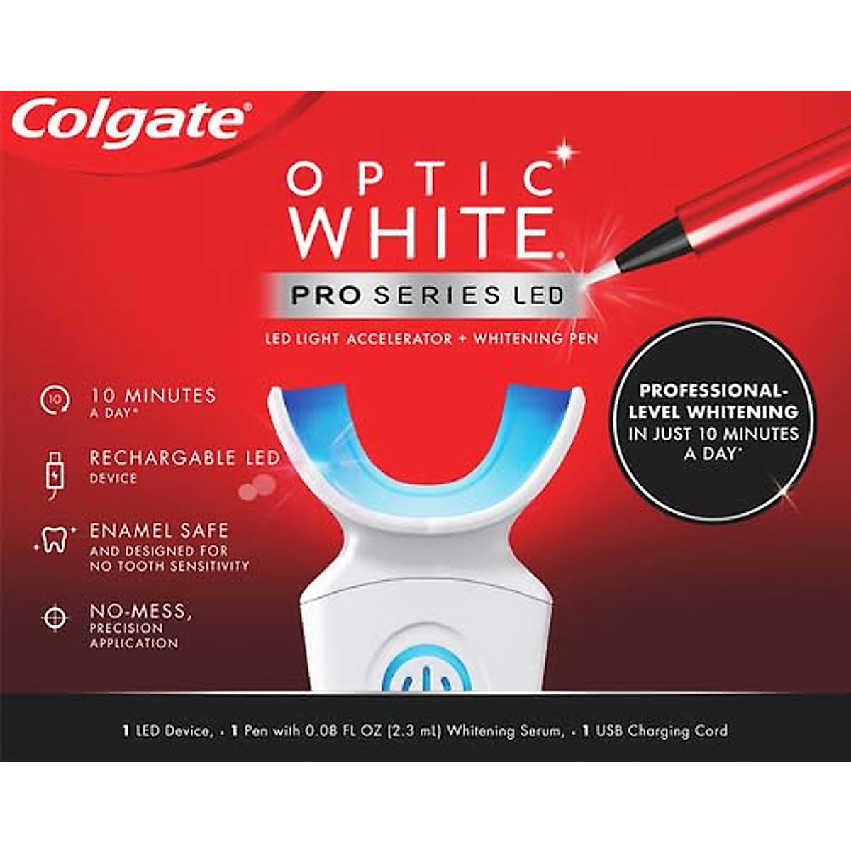 Colgate Optic White Pro Series Teeth Whitening Pen and LED Tray, Professional-Level Whitening Set, Rechargeable