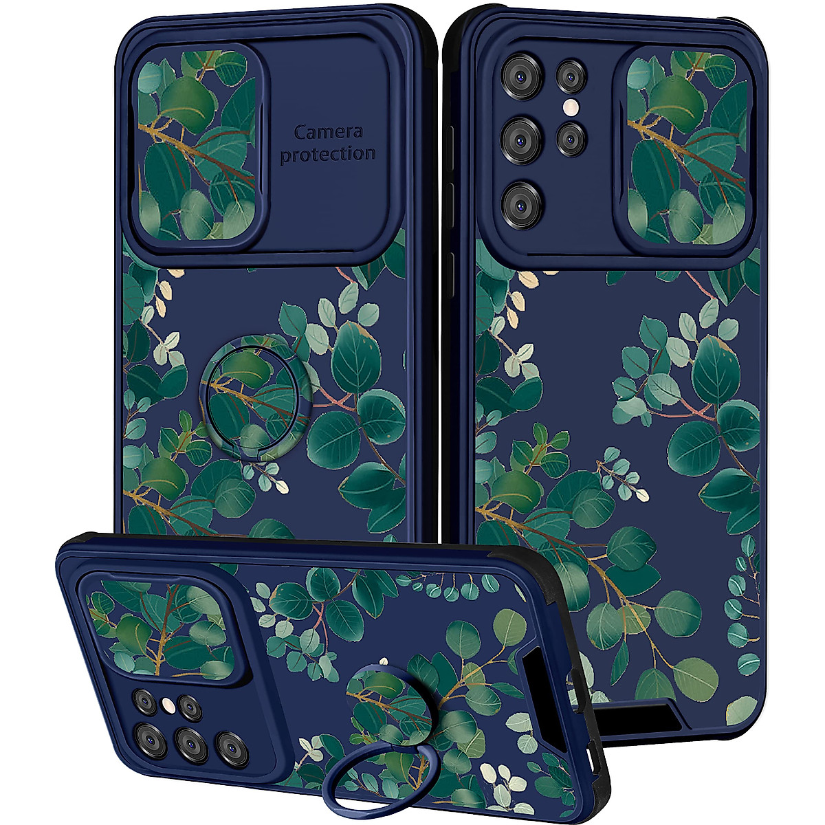 Goocrux (2in1 for Samsung Galaxy S21 Ultra Case Floral for Women Girls Girly Phone Cover Cute Leaves Plants Design with Slide Camera Cover+Ring Holder Fashion Unique Green Cases for S21 Ultra 6.8''