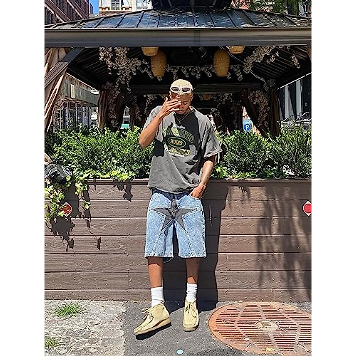 Aelfric Eden Men's Star Patchwork Denim Shorts Mid Rise Stretchy Patchwork Jeans Shorts Casual Denim Shorts Streetwear