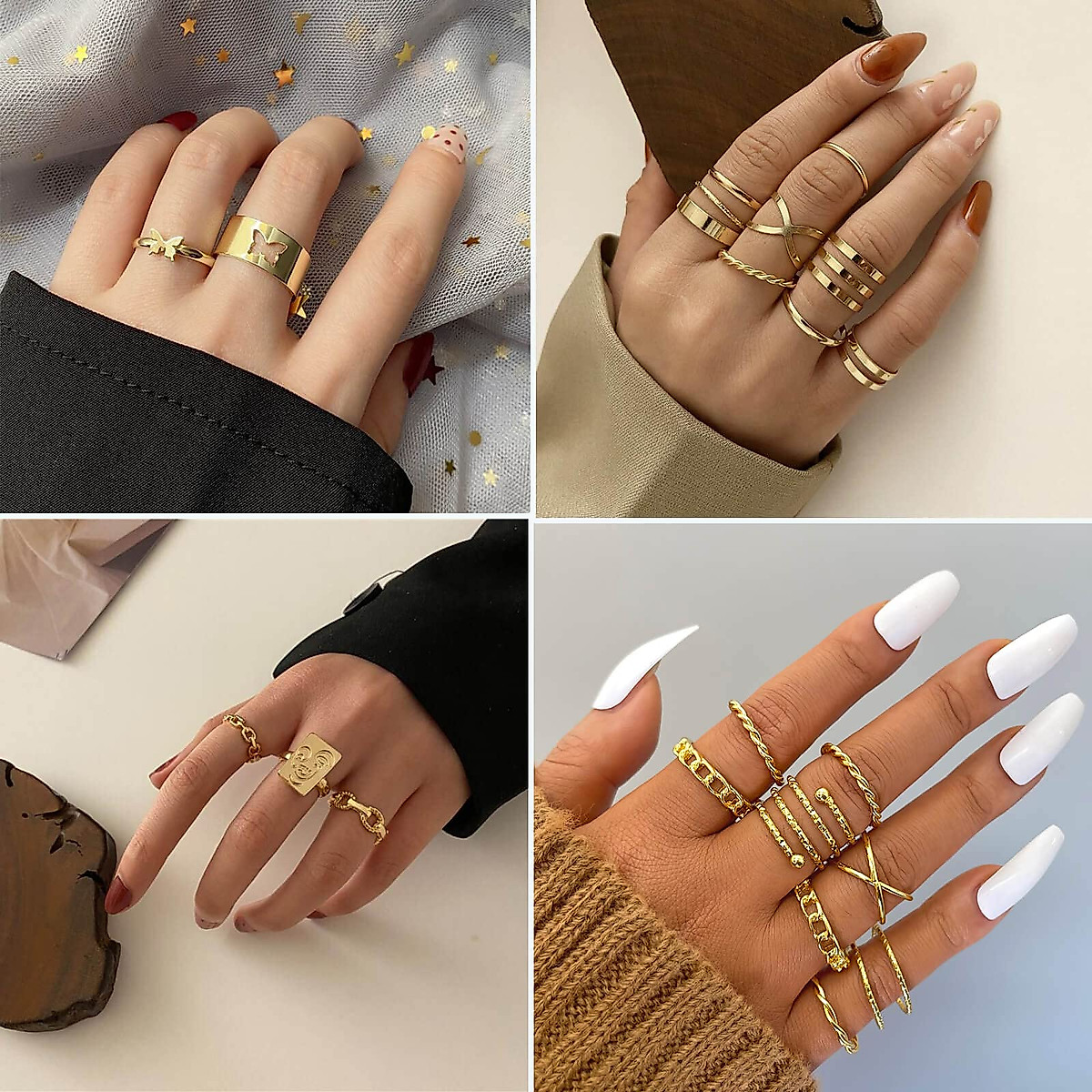 17KM 60Pcs Gold Crystal Vintage Ring Sets for Women, Boho Knuckle Stackable Midi Rings Pack, Aesthetic Grunge Finger Rings Sets for Jewelry