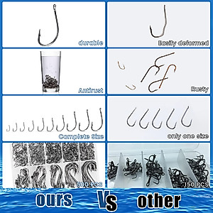 Carbon Steel Fishing Hooks 500 Pcs, Circle Hooks Assortment for Saltwater Freshwater Ice Fishing, Salt Water Fish Hooks for Catfish Trout Bass Octopus Multi Size 6 8 10 12 14 16 18 20 22 24