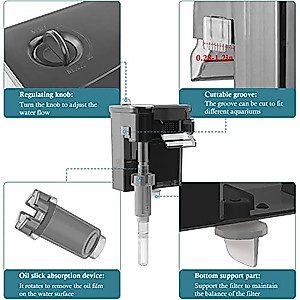 VILLNO 100GPH Ultra Quiet Aquarium Filter: 3.2W Adjustable Filter for 2.5-15Gal Fish Tank, Activated Carbon Filter with 2 Filter Cartridges, Hang on Back Aquarium Filter