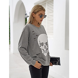 Blooming Jelly Women's Halloween Sweatshirts Skull Graphic T Shirts Long Sleeve Skeleton Shirt Gothic Fall Outfits 2024 (Medium, Grey)