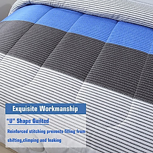 PERFEMET Blue Striped Comforter Set Full Size, 3 Pieces Grey and Blue Patchwork Stripe Bedding Set, Ultra Soft Microfiber Reversible Quilt Set for Teens Boys Adults