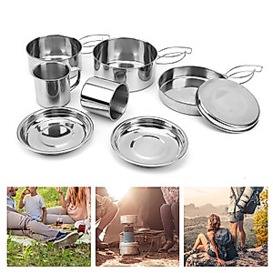 01 Camping Cookware Mess Kit, Camp Accessories Equipment Stainless Steel Camping Cookware Kit 8Pcs for Hiking for Backpacking for Outdoor for Picnic