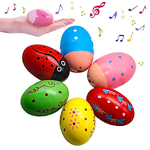 Ehome Easter Egg Shakers Easter Basket Stuffers, 6Pcs Wooden Percussion Musical Shake Prefilled Easter Eggs for Toddler, Easter Egg Fillers, Montessori Maracas for Kids Baby with Storage Bag