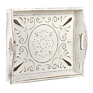 Cookaburrah Decorative Wooden Serving Tray with Handles, Rustic Tray Embossed with Metal, Rectangular Serving Tray for Ottoman, Perfect for Home, Restaurant, Farmhouse Decor (White)