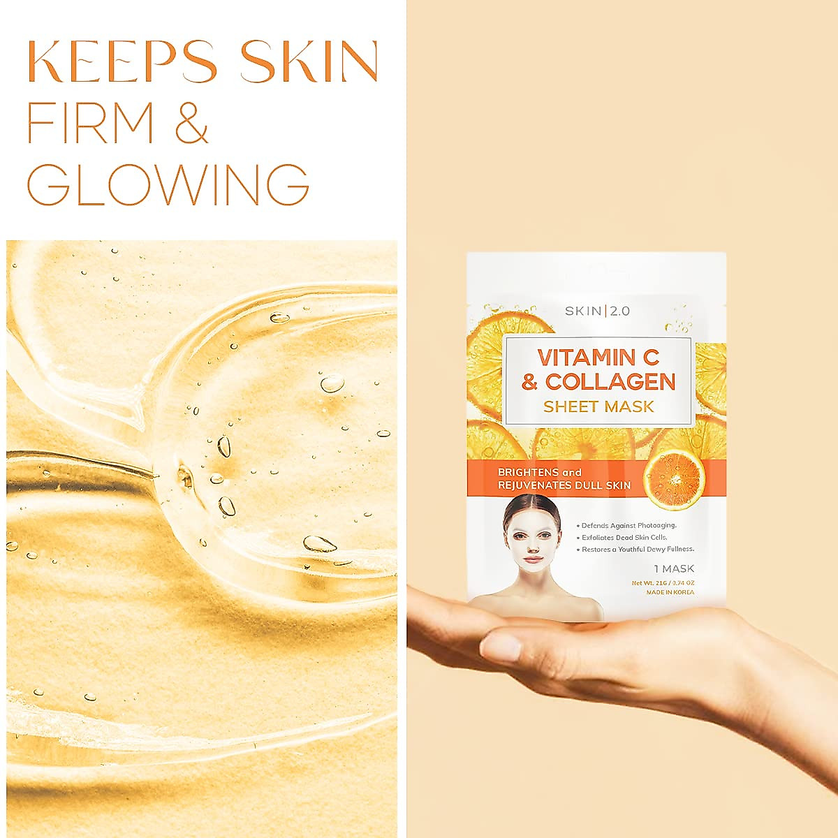 Skin 2.0 Vitamin C and Collagen Sheet Face Mask - Dermatologist Tested - Prevents Sun Damage, Reduces Acne Scars & Wrinkles, Brightening Sheet Mask - Korean Skin Care - All Skin Types - 5 Masks