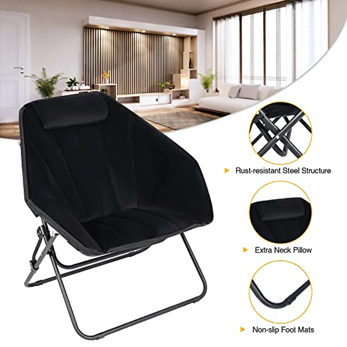 Stonehomy Oversized Folding Saucer Chairs for Adults, Soft Thick Velvet Round Moon Circle Chairs for Bedrooms Living Room, Black